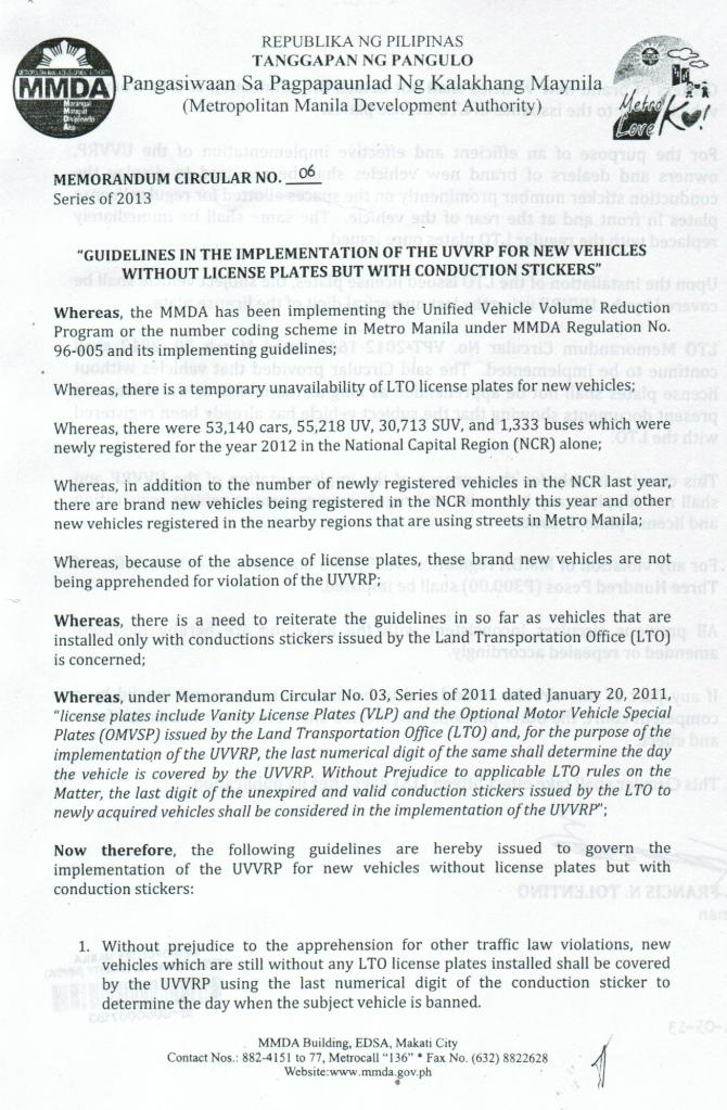 MMDA Memo about displaying the conduction number – Conduction Plate Manila