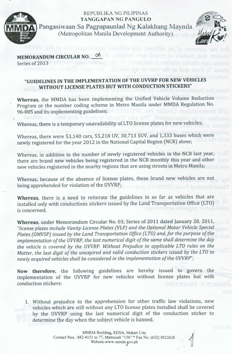 MMDA Memo about displaying the conduction number – Conduction Plate Manila