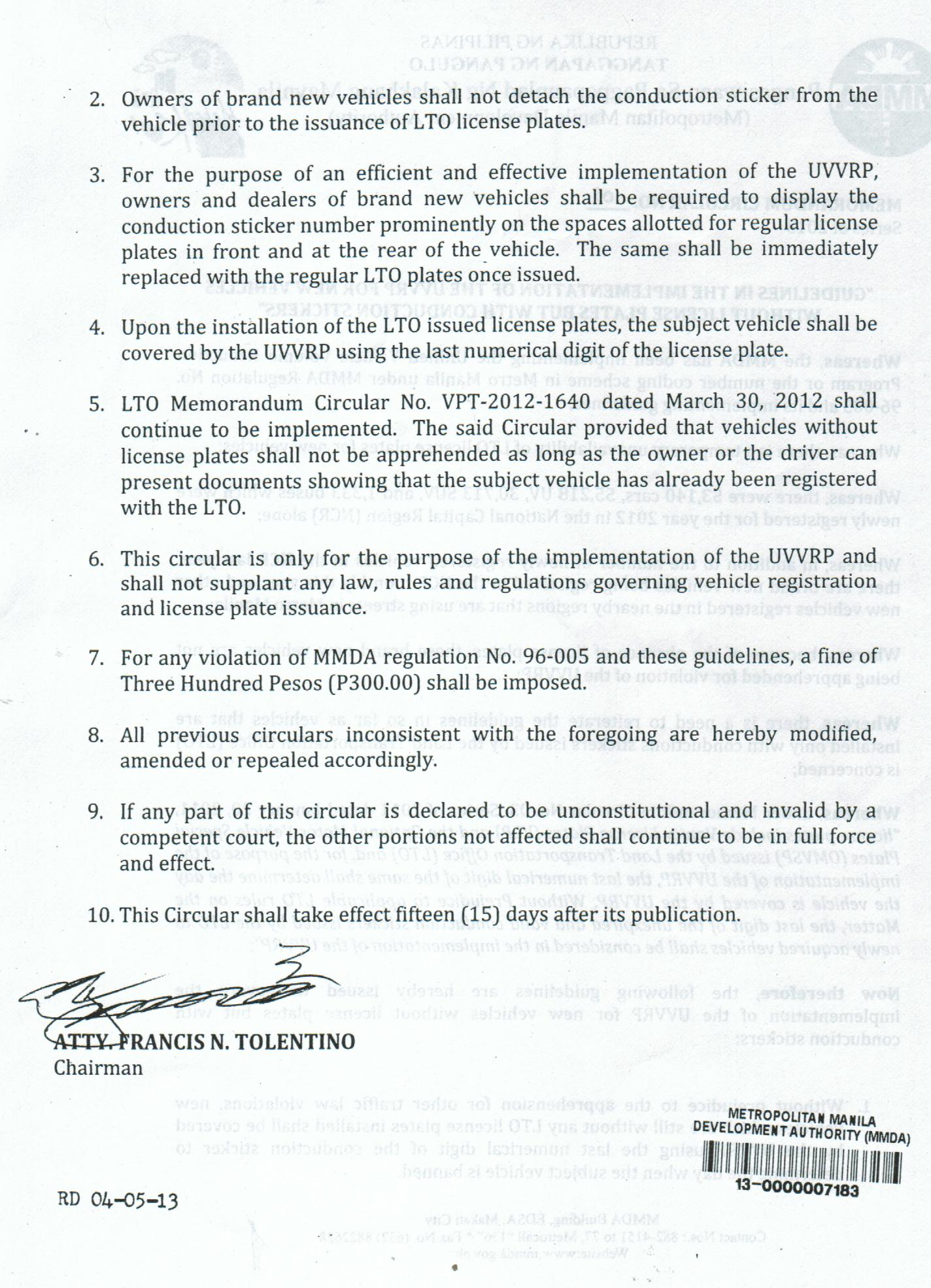MMDA Memo about displaying the conduction number – Conduction Plate Manila