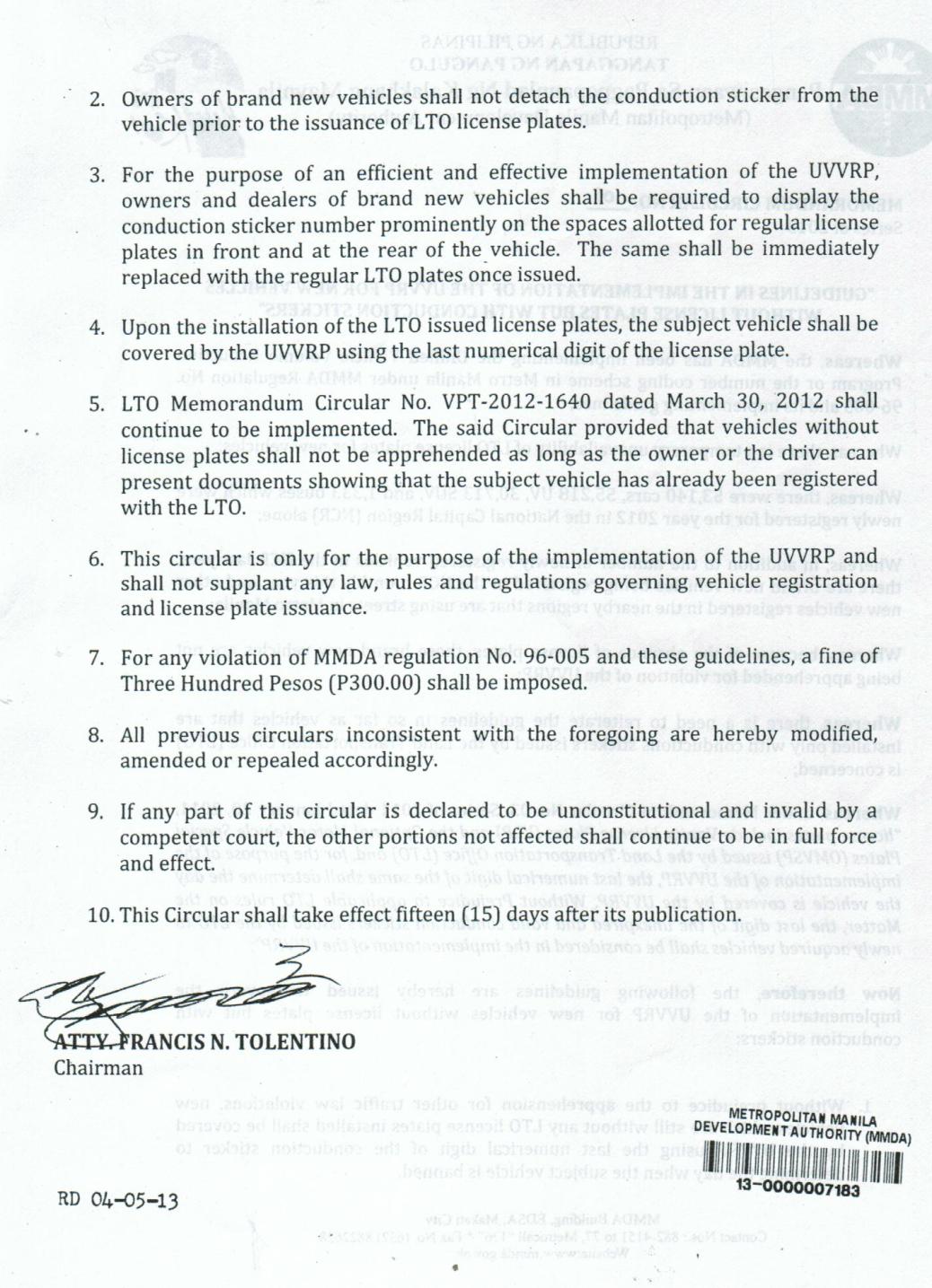 MMDA Memo about displaying the conduction number – Conduction Plate Manila